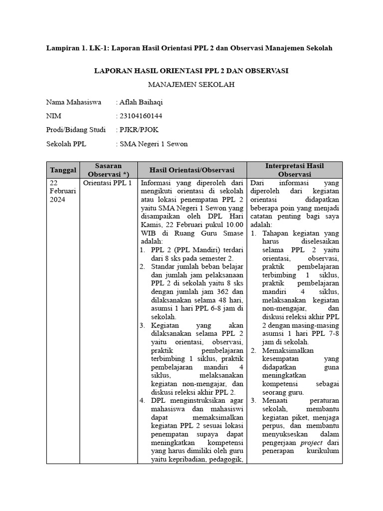 LAPORAN HASIL ORIENTASI PPL 2 DAN OBSERVASI MANAJEMEN SEKOLAH (1) Aflah | PDF