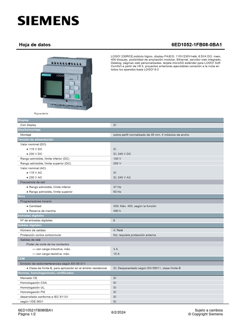 6ED10521FB080BA1 Datasheet Es | PDF | Electricidad | Ingenieria Eléctrica