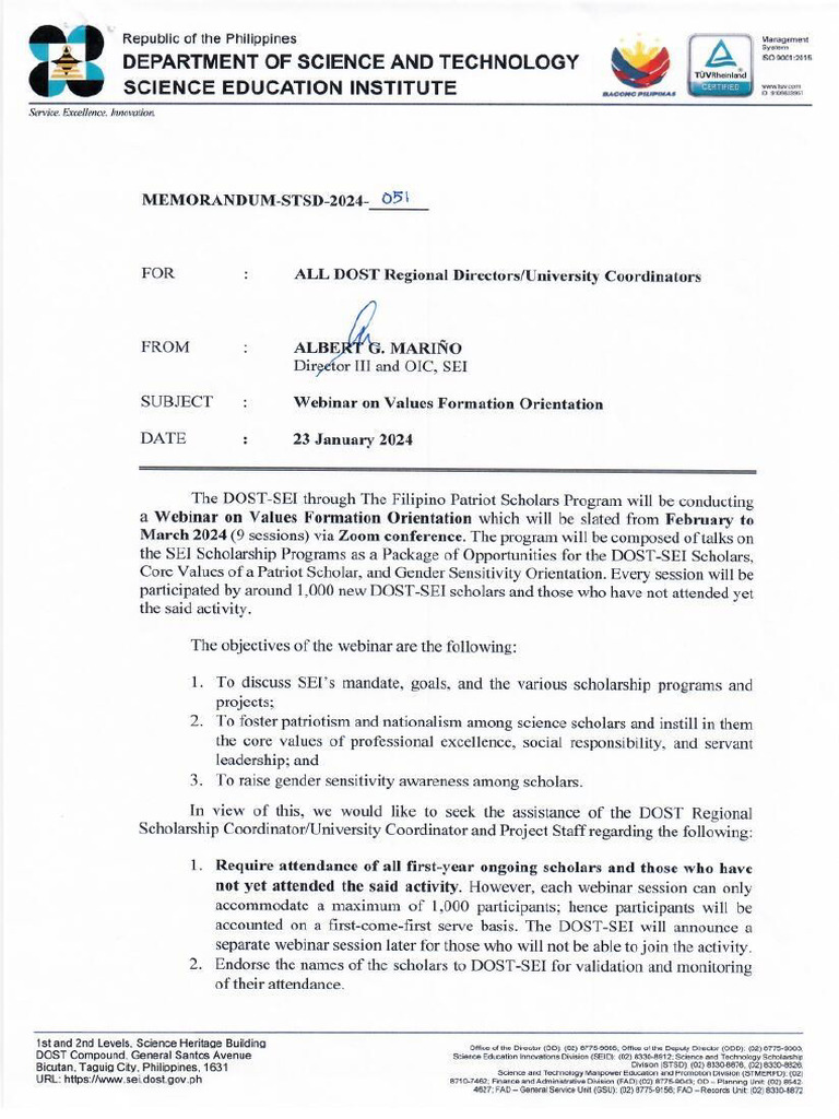 Memo Re Conduct of 2024 Webinar on Values Formation Orientation | PDF