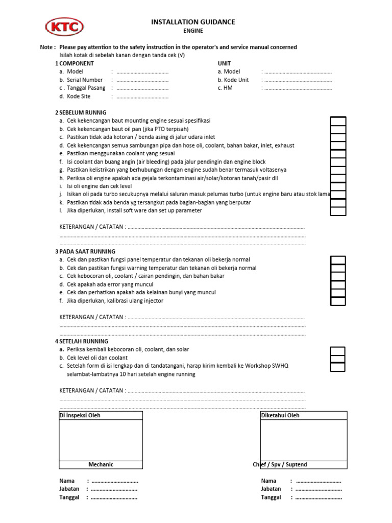 Form Pemasangan Engine | PDF
