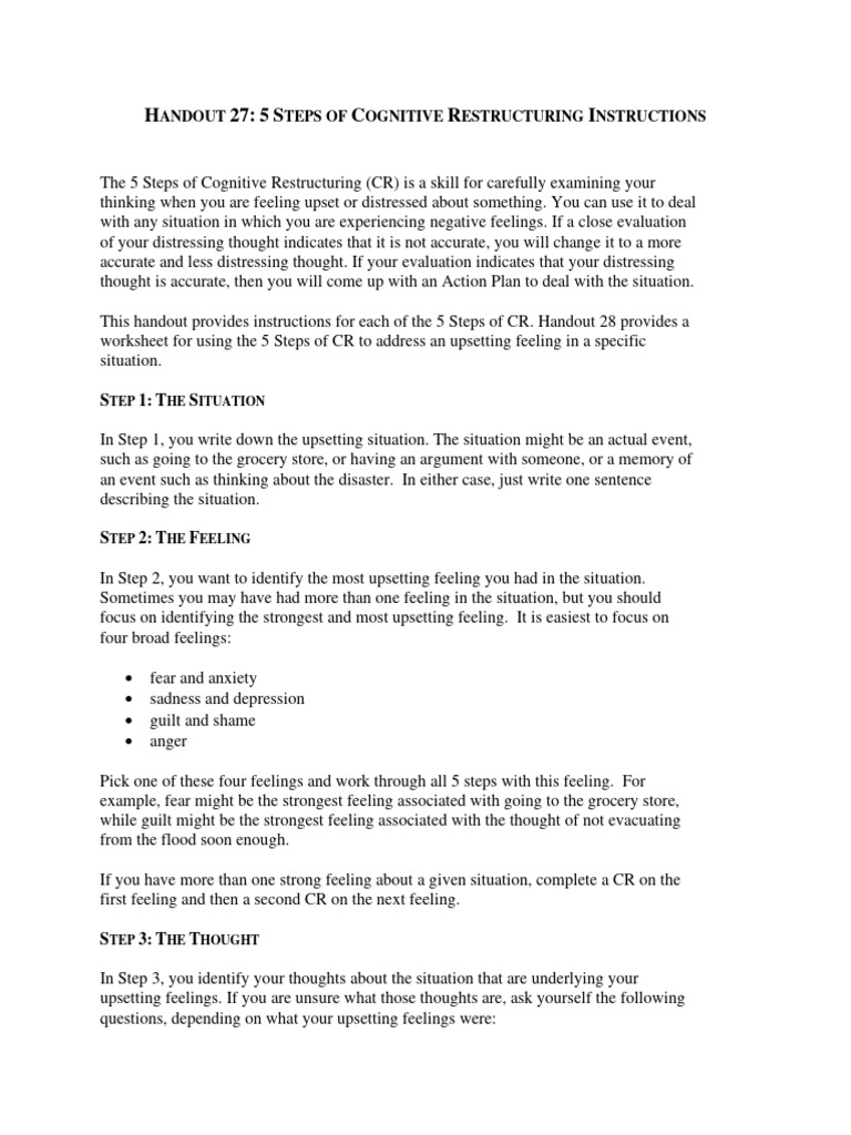 Cognitive Restructuring Worksheet | PDF | Thought | Feeling