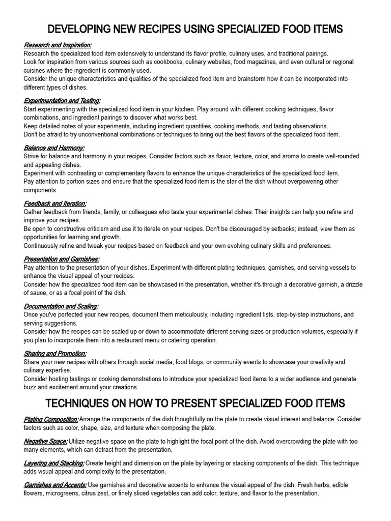 Developing New Recipes Using Specialized Food Items | PDF | Cooking ...