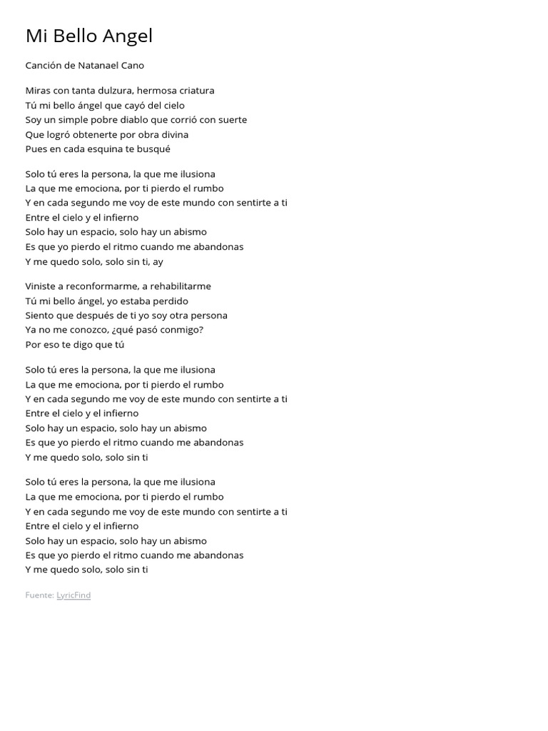 Letra de "Mi Bello Ángel" de Natanael Cano | PDF | Poesía