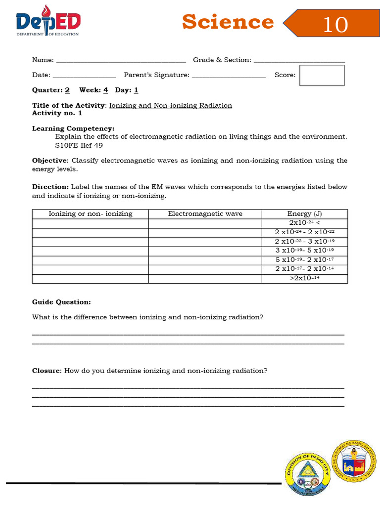 Science 10 - Q2 - DW10 | PDF | Radiation | Electromagnetic Radiation