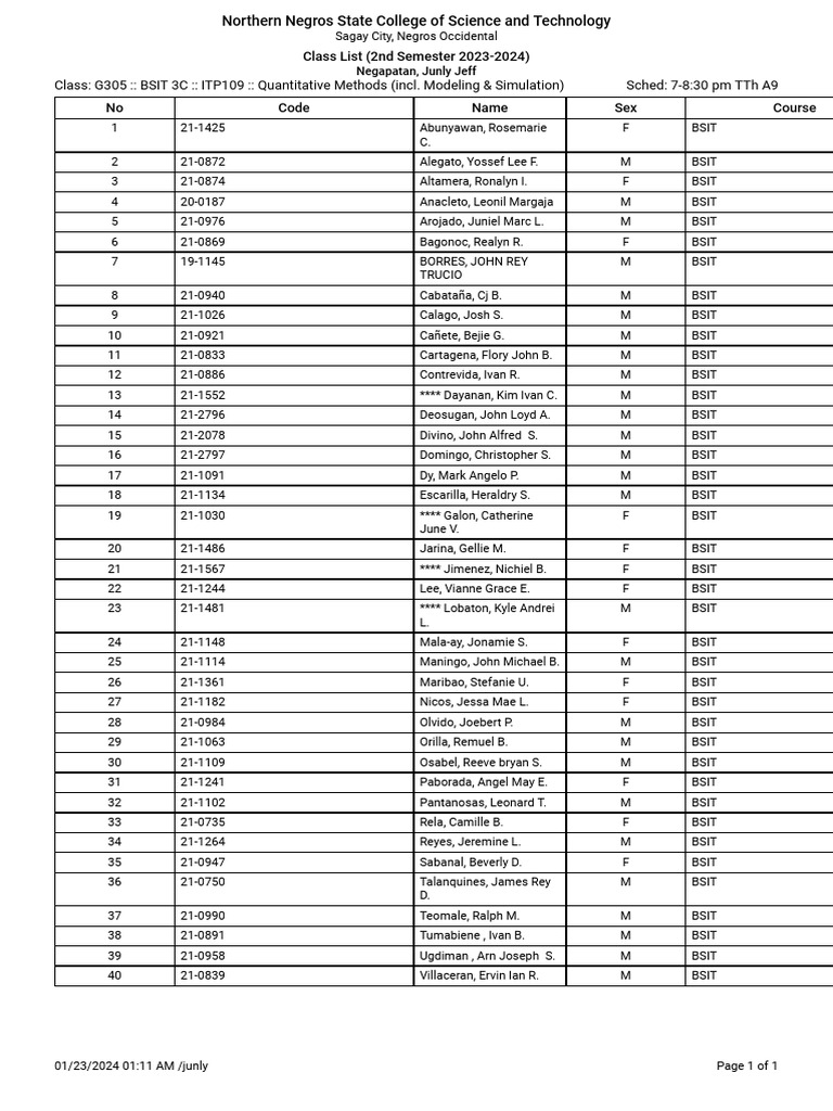 Class List (2Nd Semester 2023-2024) Class: G305:: Bsit 3C:: Itp109:: Quantitative Methods (Incl ...