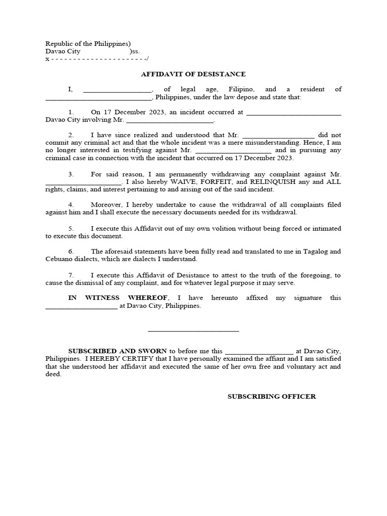 Affidavit of Desistance Template | PDF | Law