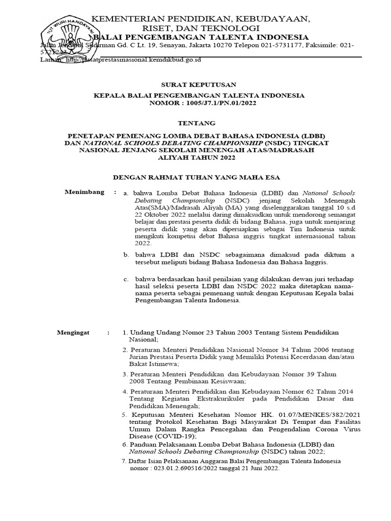 SK Pemenang LDBI Dan NSDC 2022 | PDF