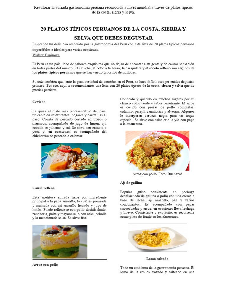 20 Platos Típicos de la Costa Peruana | PDF | Cocina | Cocinando