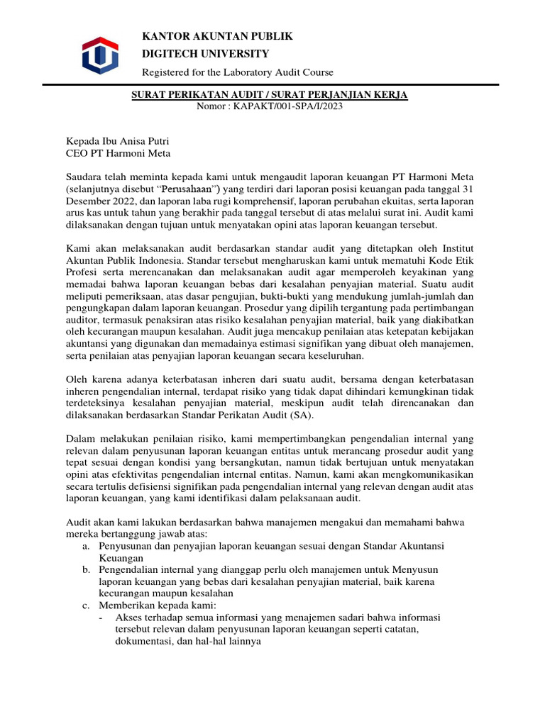 Surat Perikatan Audit PT Harmoni Meta | PDF | Bisnis | Pengelolaan ...