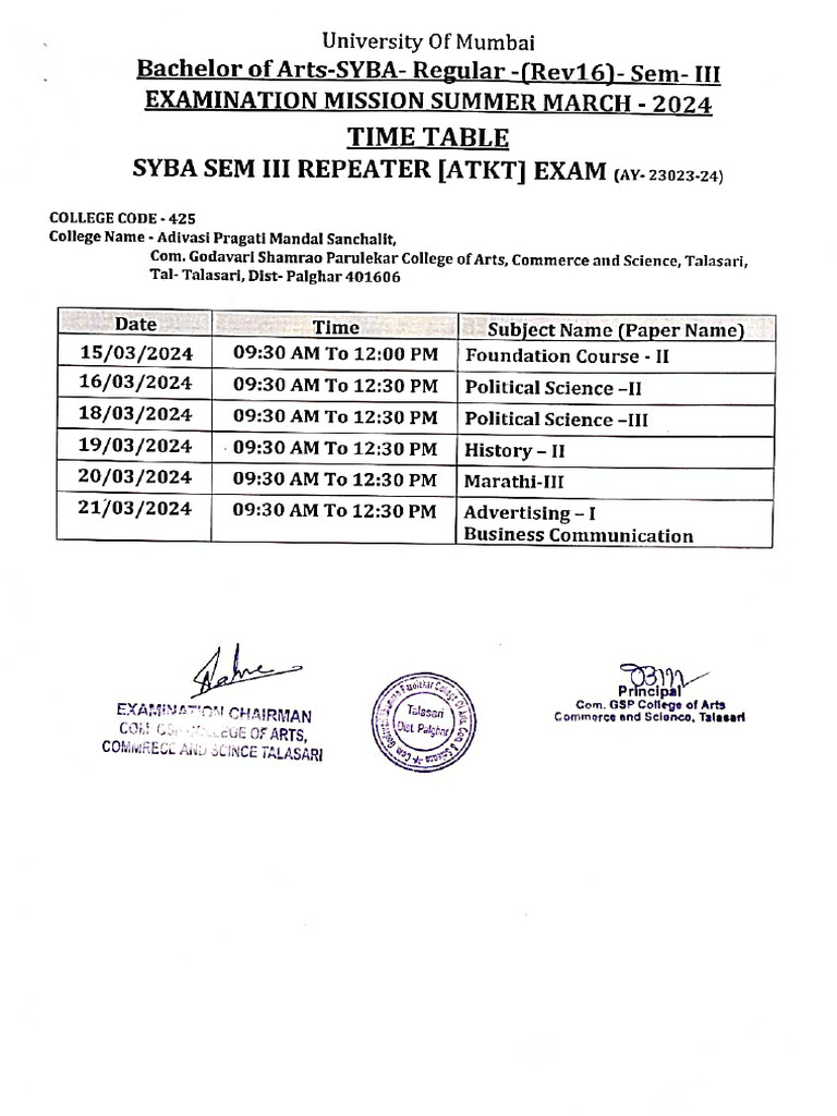 ATKT Exam Time Table - Sem I & III - March 2024 | PDF