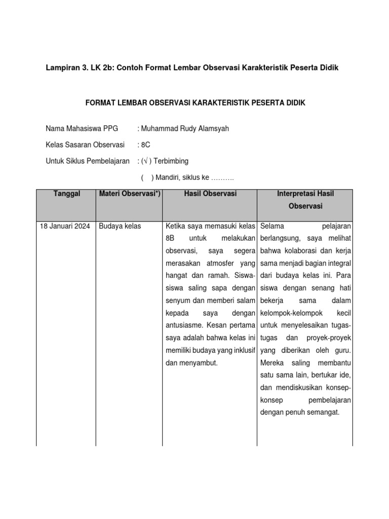 Lampiran 3. LK 2b Contoh Format Lembar Observasi Karakteristik Peserta Didik | PDF | Karier ...