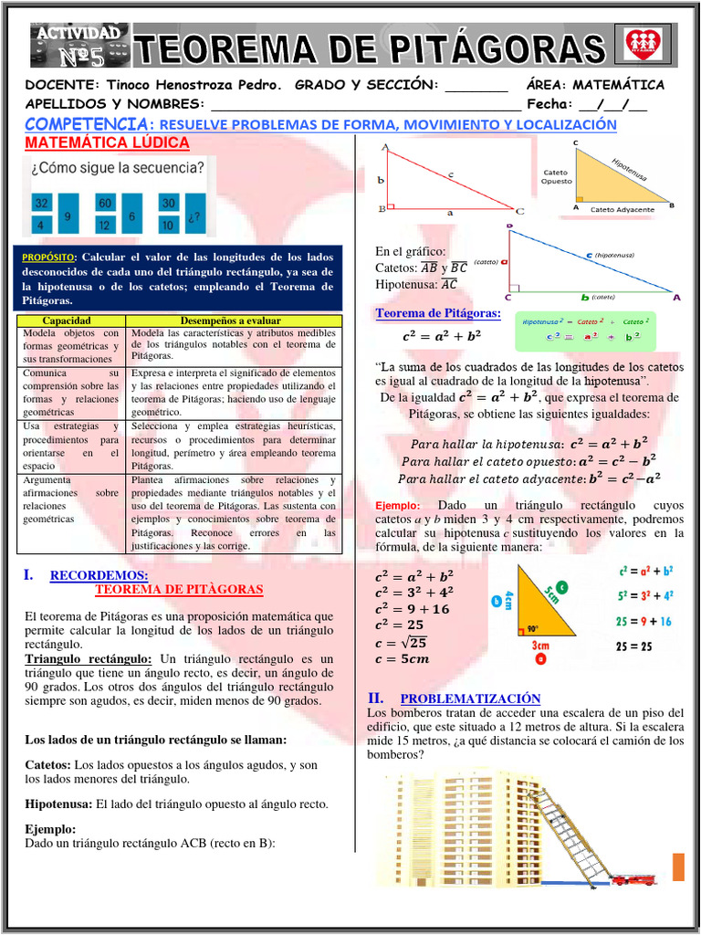 Ficha de Teorema de Pitagoras | PDF | Triángulo | Geometría