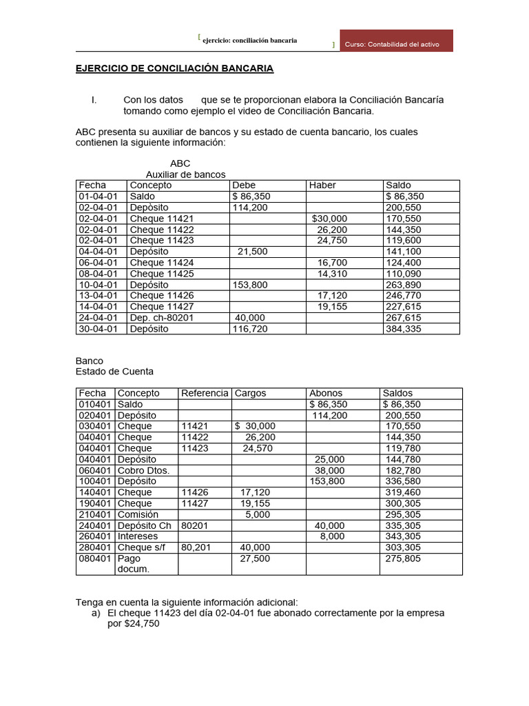 Ejercicio Conciliación Bancaria | PDF | Cheque | Bancos Ejercicio Conciliación Bancaria | PDF | Cheque | Bancos