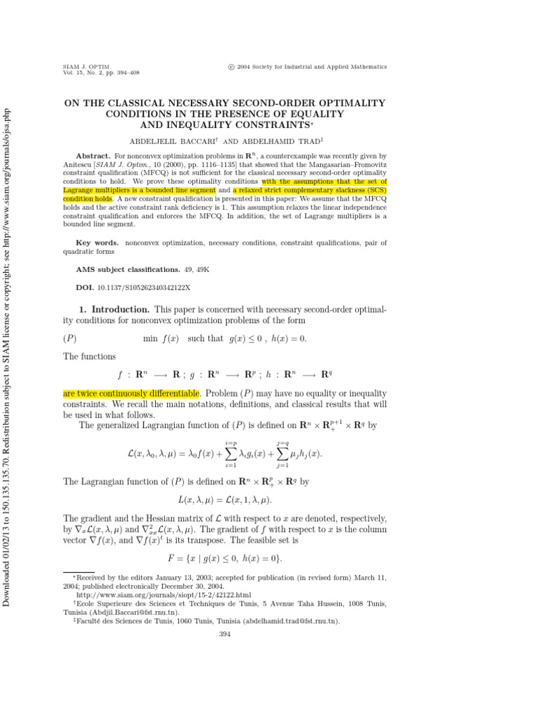 Baccari20042 - On The Classical Necessary Second-Order Optimality ... Baccari20042 - On The Classical Necessary Second-Order Optimality ...