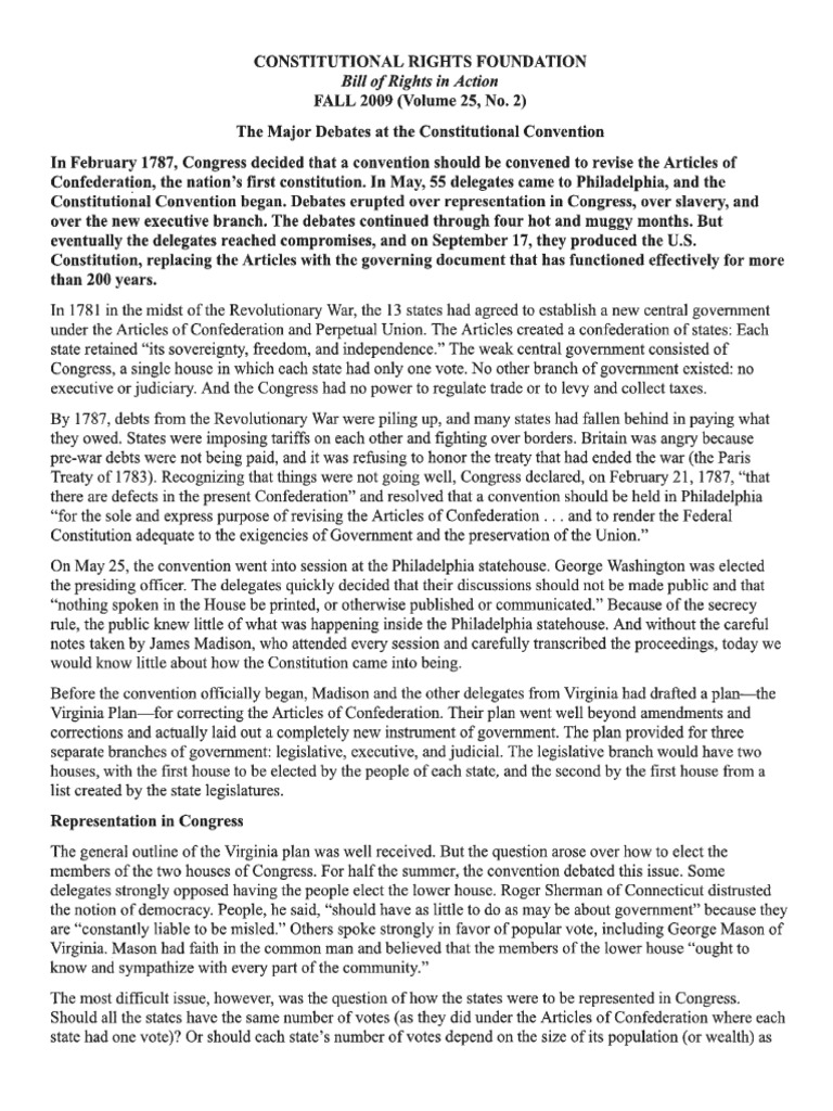 Major Debates at The Constitutional Convention | PDF