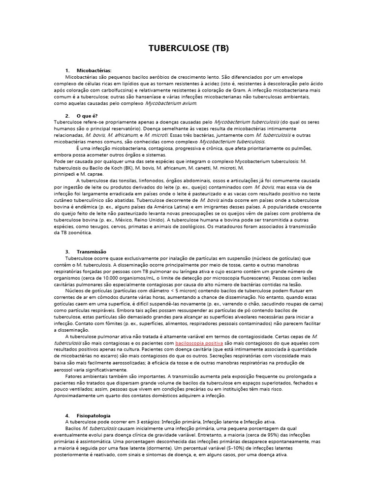 Resumo Completo Tuberculose | PDF | Mycobacterium tuberculosis | Mycobacterium