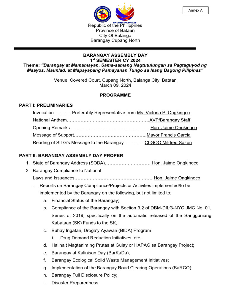 Annexes A, G, I - Templates For Barangay - Jan 24 | PDF