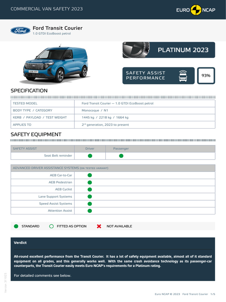 Euro - Ncap Commercial Van Safety 2023 Ford Transit Courier Datasheet ...