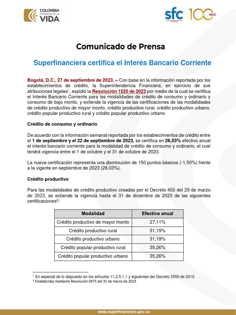 Certificado Usura - 202310 | PDF | Crédito | Finanzas y dinero