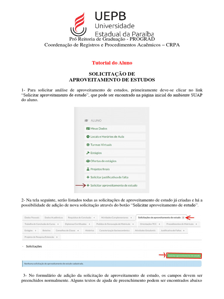 Tutorial - Do - Aluno - Solicitacao - de - Aproveitamento - de - Estudos UEPB | PDF | Carreira e ...