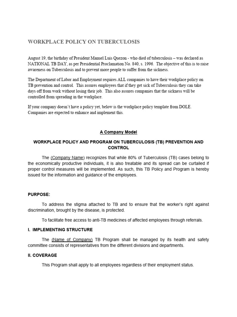 Workplace Policy On Tuberculosis | Download Free PDF | Employment ...