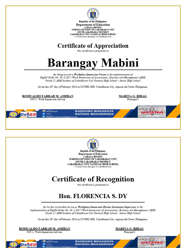 Work Immersion - CERTIFICATE OF APPRECIATION RECOGNITION | PDF | Philippines | Public Administration