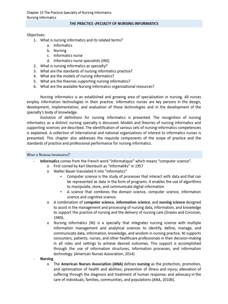 Nursing Informatics: Specialty Overview | PDF | Science & Mathematics