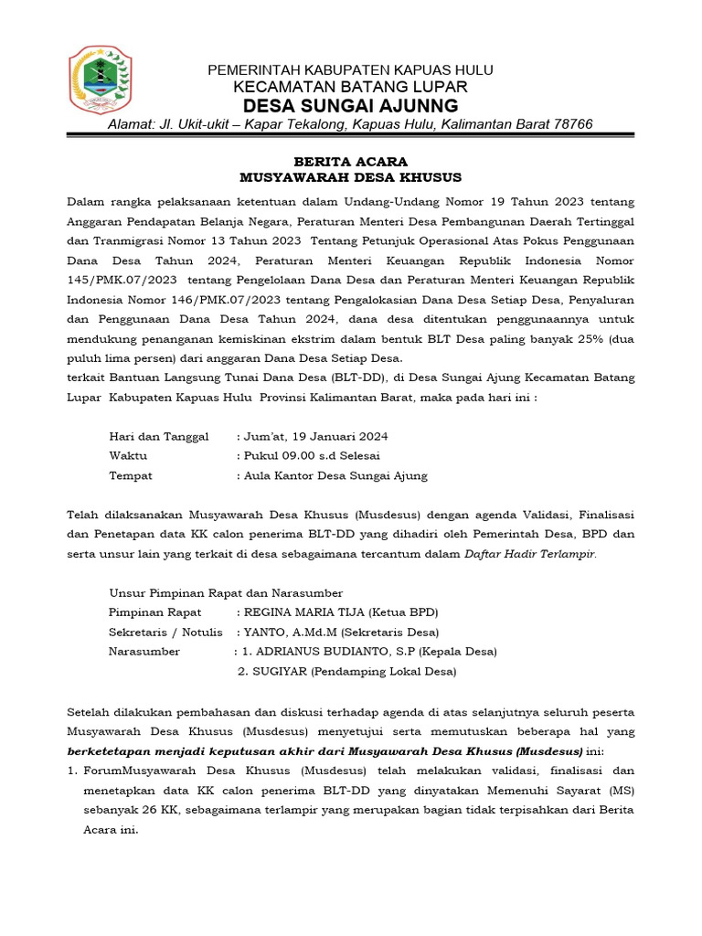 Berita Acara Musdesus Penyaluran BLT-DD | PDF