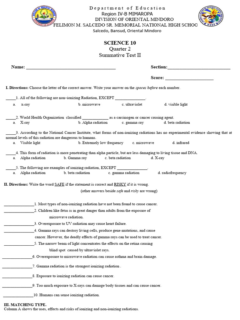 Summative Test 2 Grade 10 W3-4 em Waves Forms and Effects Noted by ...