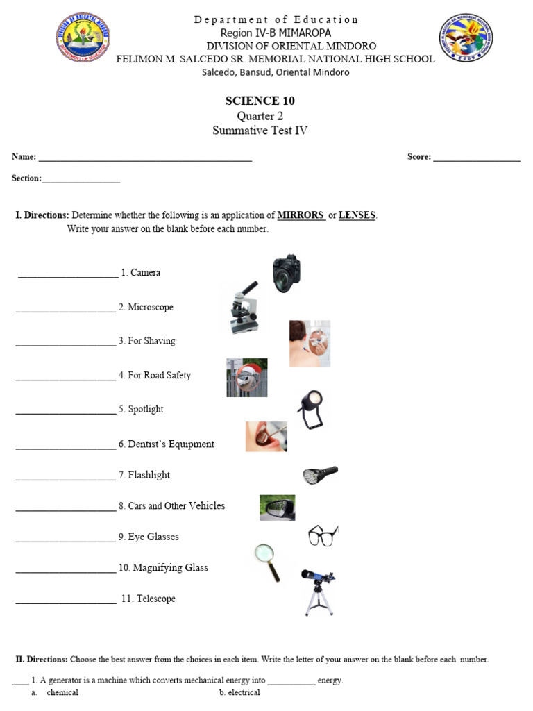 Summative Test 4 Grade 10 W8 | PDF | Electric Generator | Mirror