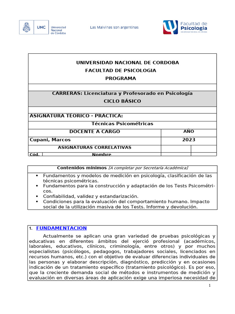 Programa 2023 - Psicometricas A | PDF