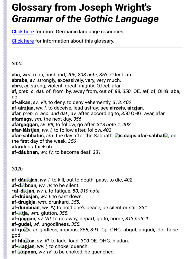 Glossary From Joseph Wright's Grammar of The Gothic Language | PDF