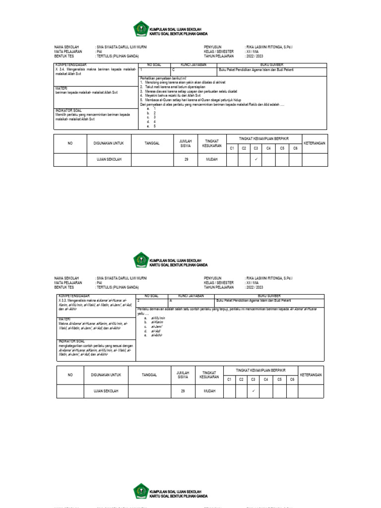 II. Kartu Soal Us Pai 2023 Ok | PDF