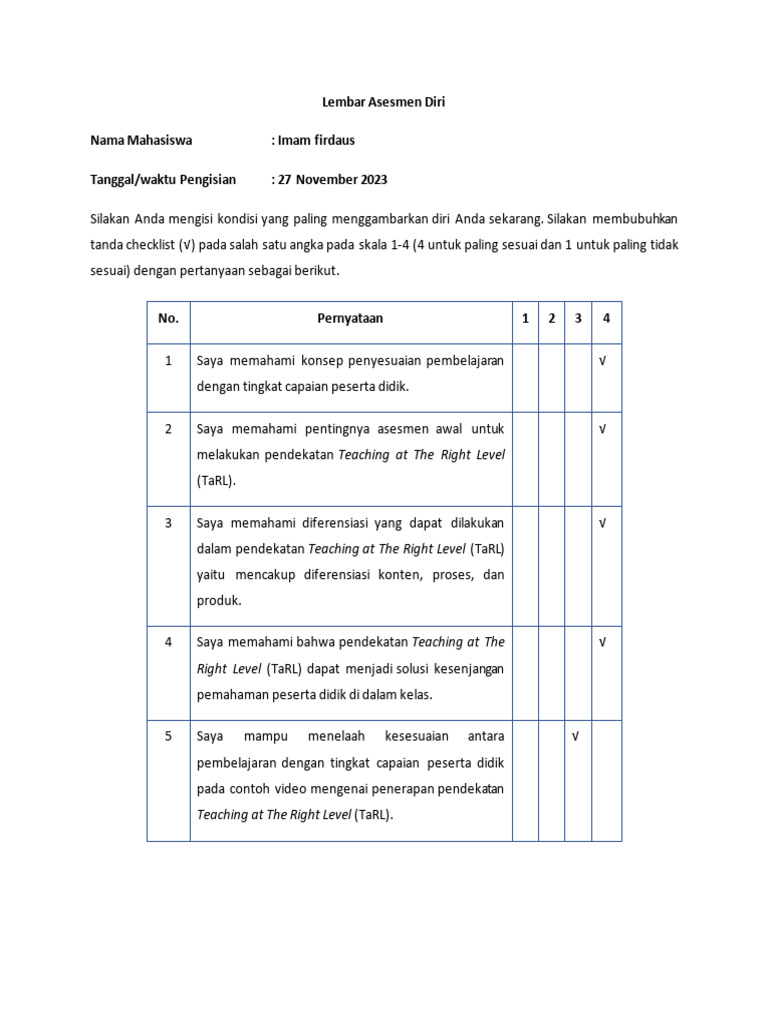 Asesmen Diri Mahasiswa TaRL | PDF