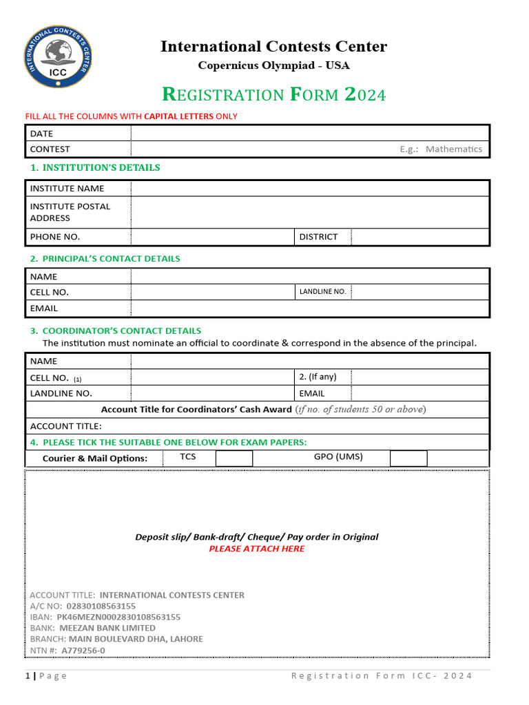 ICC Student Registration Form 2024 | Download Free PDF | Cheque ...