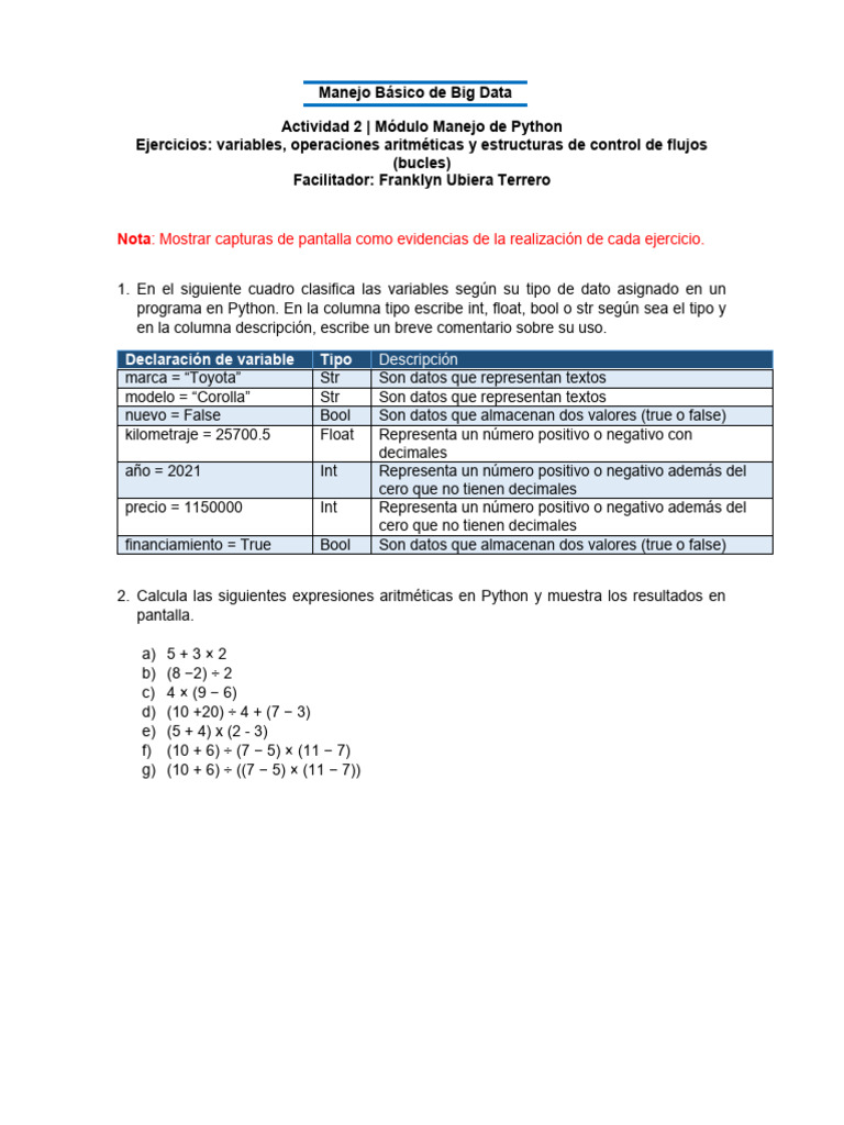 Actividad 2 - Manejo de Python | PDF | Finanzas y dinero | Métodos y materiales de enseñanza