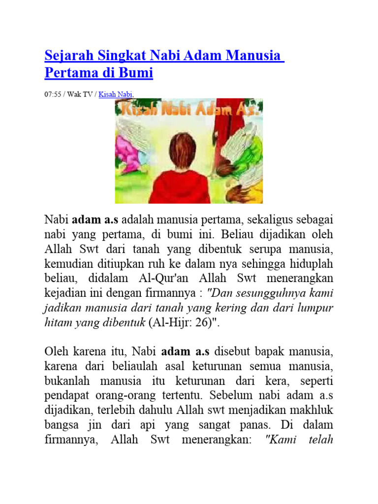 Sejarah Singkat Nabi Adam Manusia Pertama Di Bumi | PDF