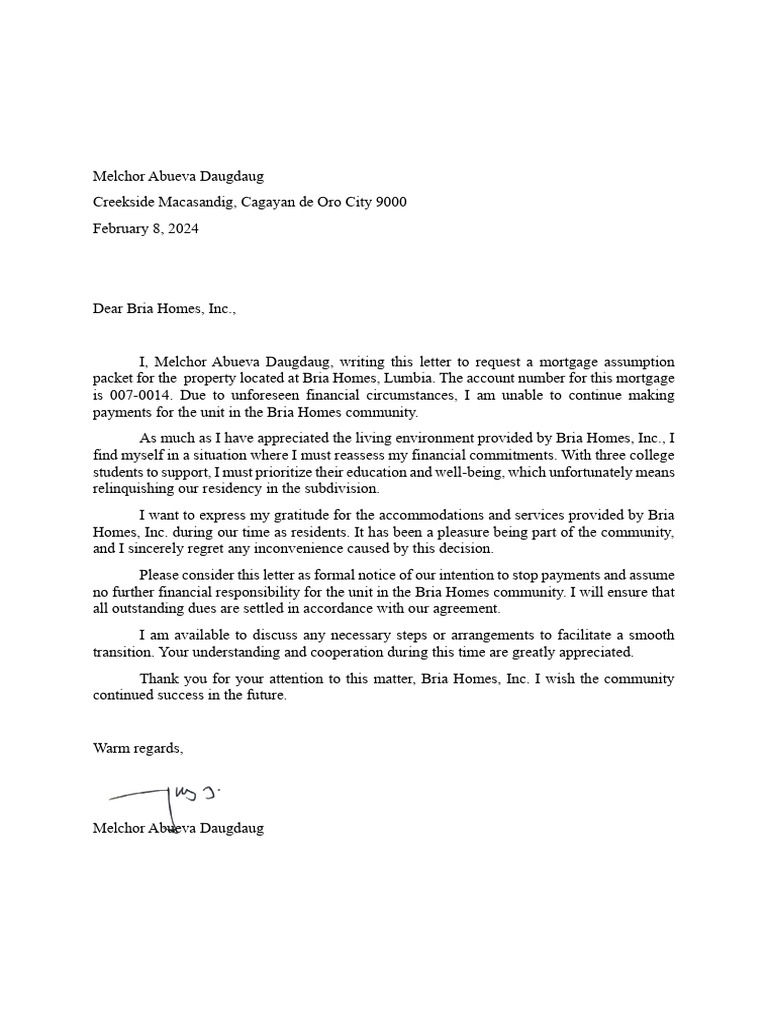 BRIA- Assumption Letter | PDF