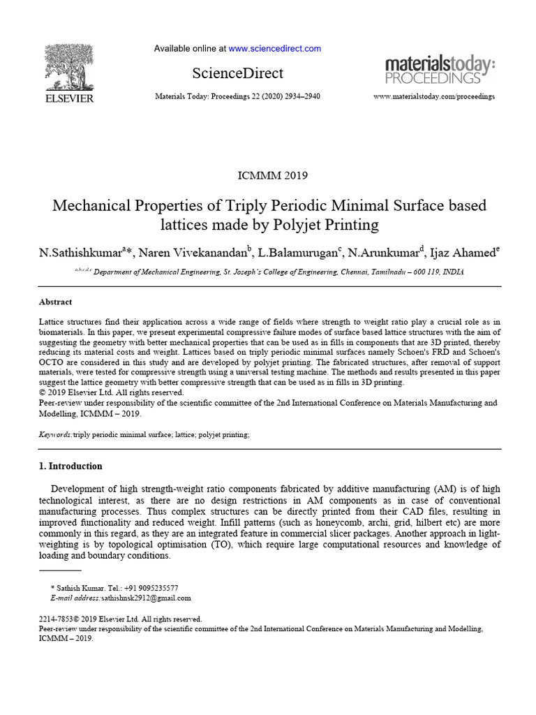 Mechanical Properties of Triply Periodic Minimal Surface Based Lattices Made by Polyjet Printing ...