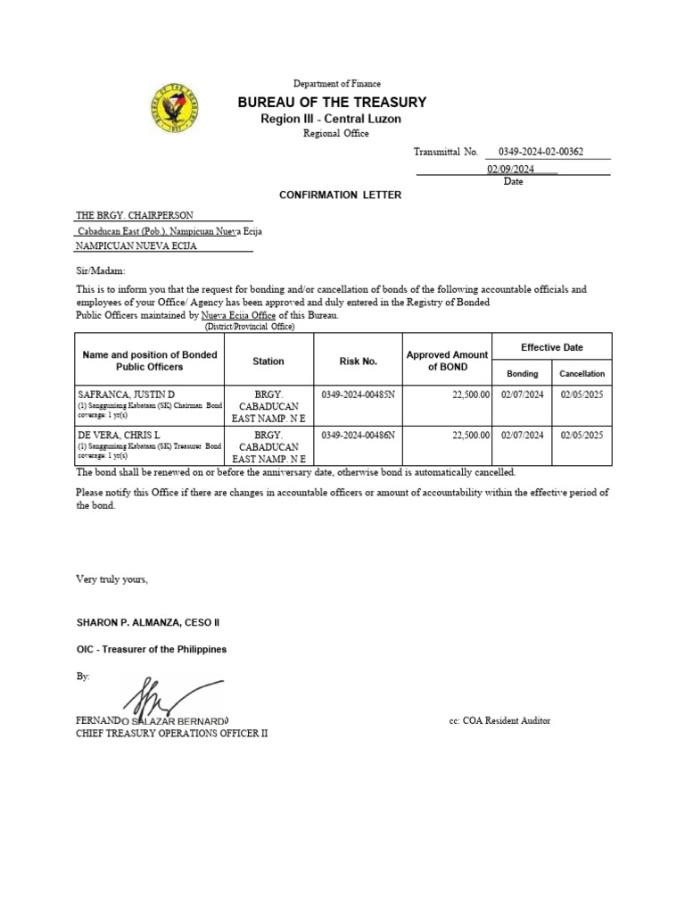 Bond Confirmation for SK Officials | PDF