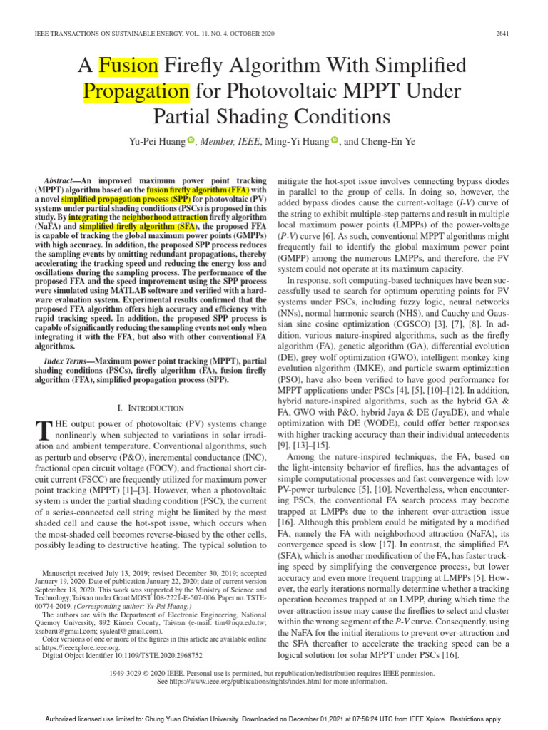 7-A Fusion Firefly Algorithm With Simplified Propagation For Photovoltaic MPPT Under Partial ...