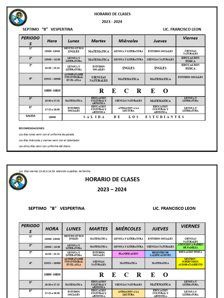 Horario de Clases Septimo B | PDF