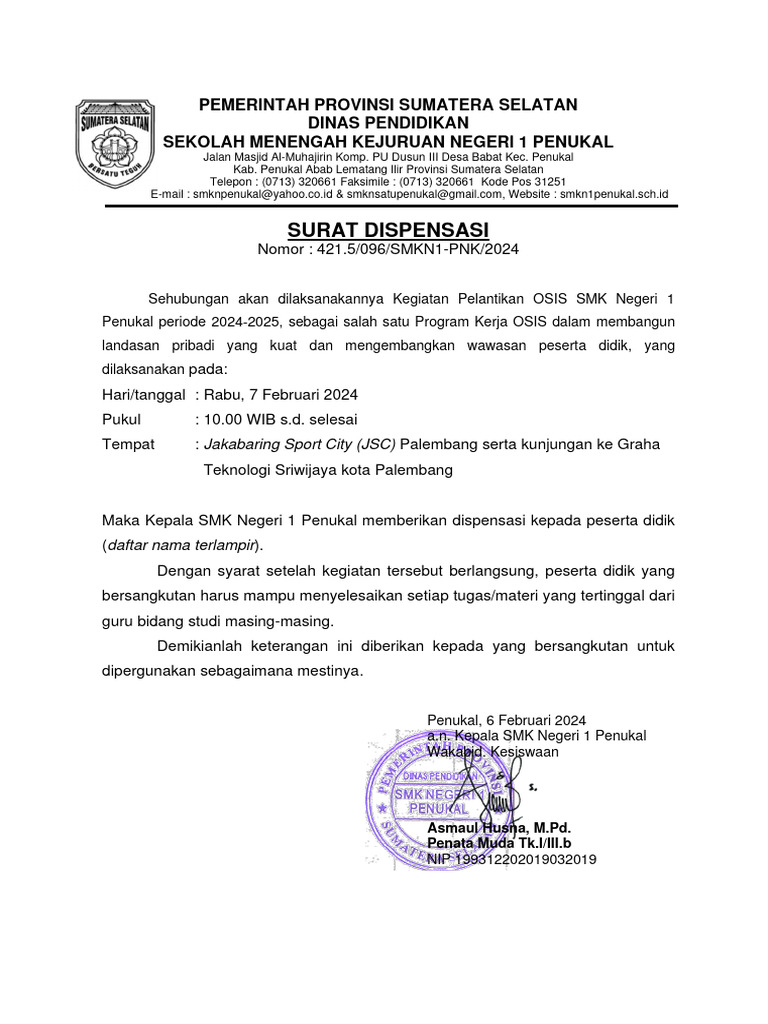 Dispen Pelantikan OSIS | PDF