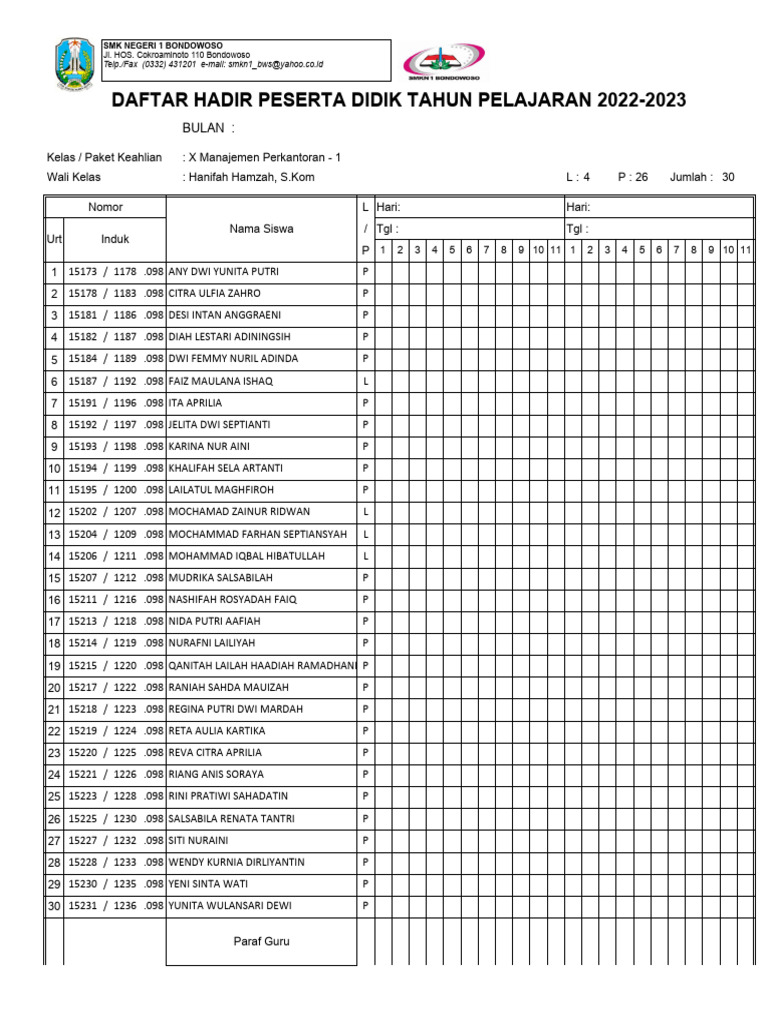 ABSEN Siswa 2022-2023 | PDF