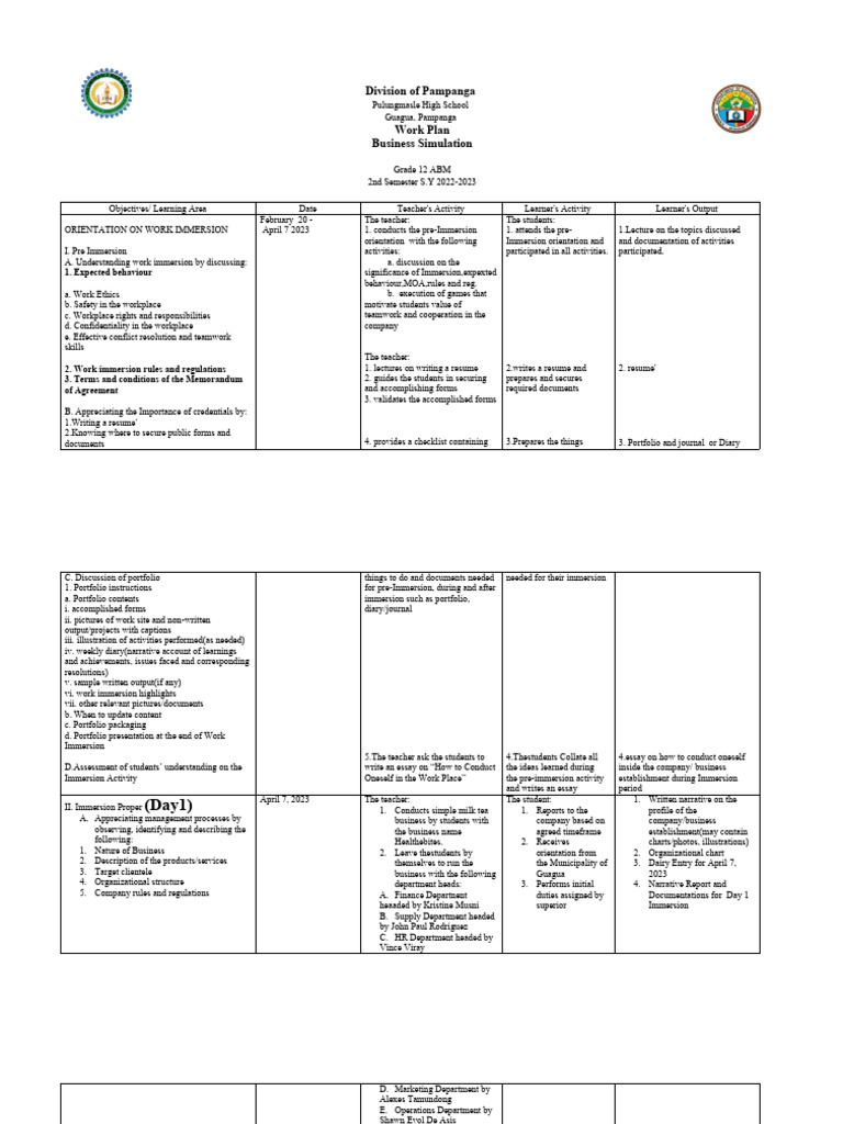 Workplan Work Businesssimulation22-23 | PDF | Cognition | Learning