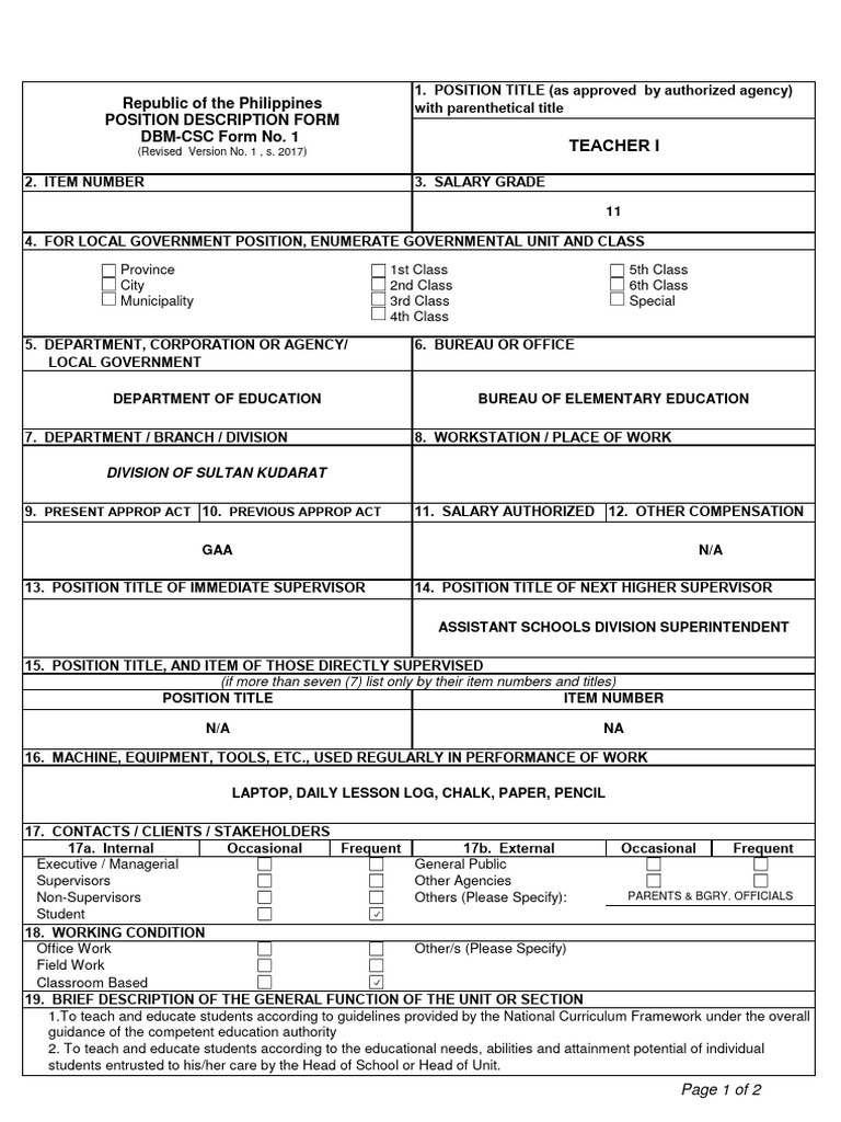 Form No. 1 Teacher I ELEM SUBSTITUTE | PDF | Teachers | Professional ...