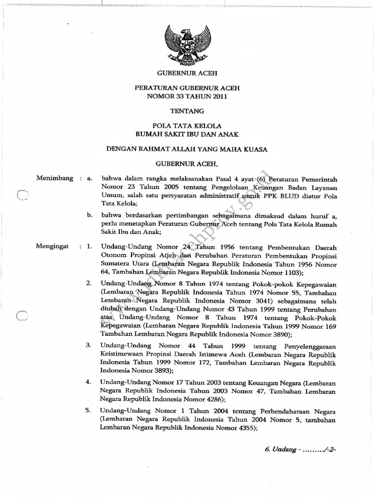 PERGUB Aceh 33 Tahun 2011 TTG Pola Tata Kelola BLUD RSIA | PDF