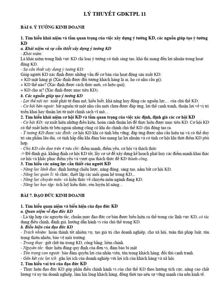 Lý Thuyết GDKTPL 11 - Hki | PDF