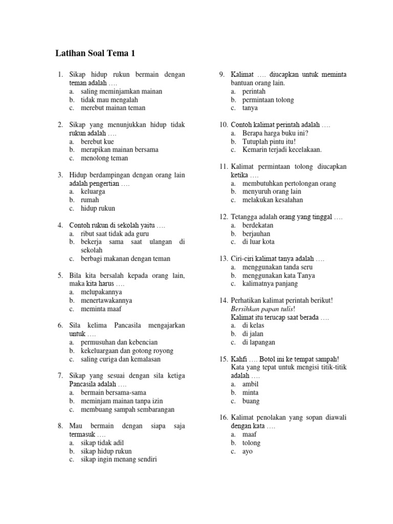 Latihan Soal Tema 1 | PDF