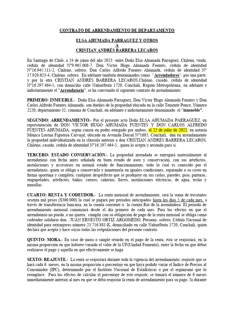 Contrato Arrendamiento Depto 32, Abril 2024 | PDF
